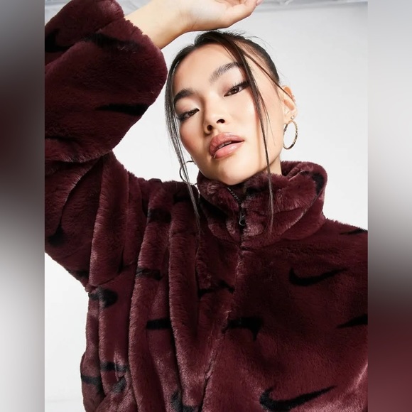 Nike | Jackets & Coats | Nike Sportswear Plush Burgundy Faux Fur Jacket ...